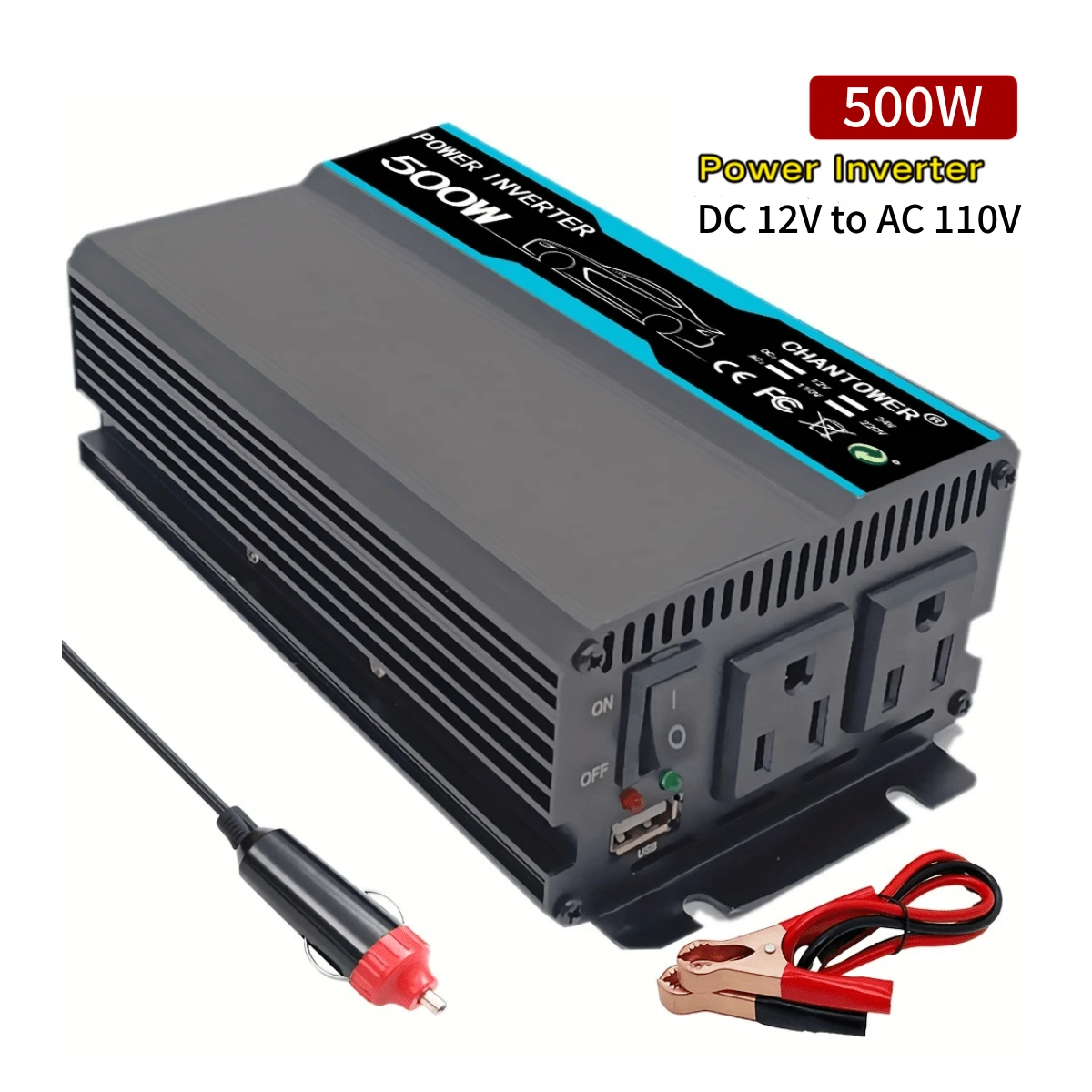 Car Power Inverter 300W/500W DC 12V To AC 110V Car Power Converter With ...