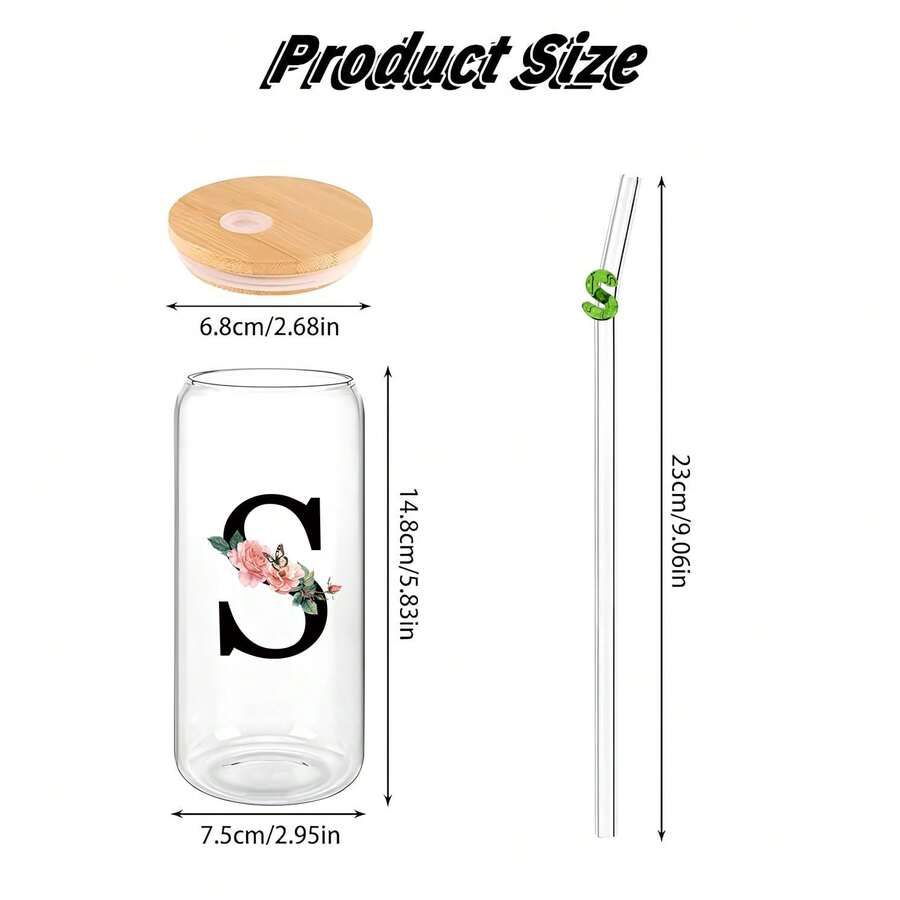 1pc Initial Glass Cup With A-Z Alphabet Letter Straw,17 Oz (500ml ...