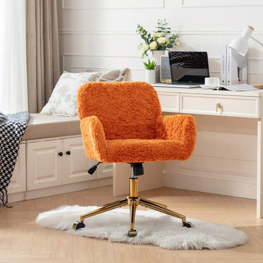 Home Office Chair Faux Fur Desk Chair With Golden Metal Base,Adjustable ...