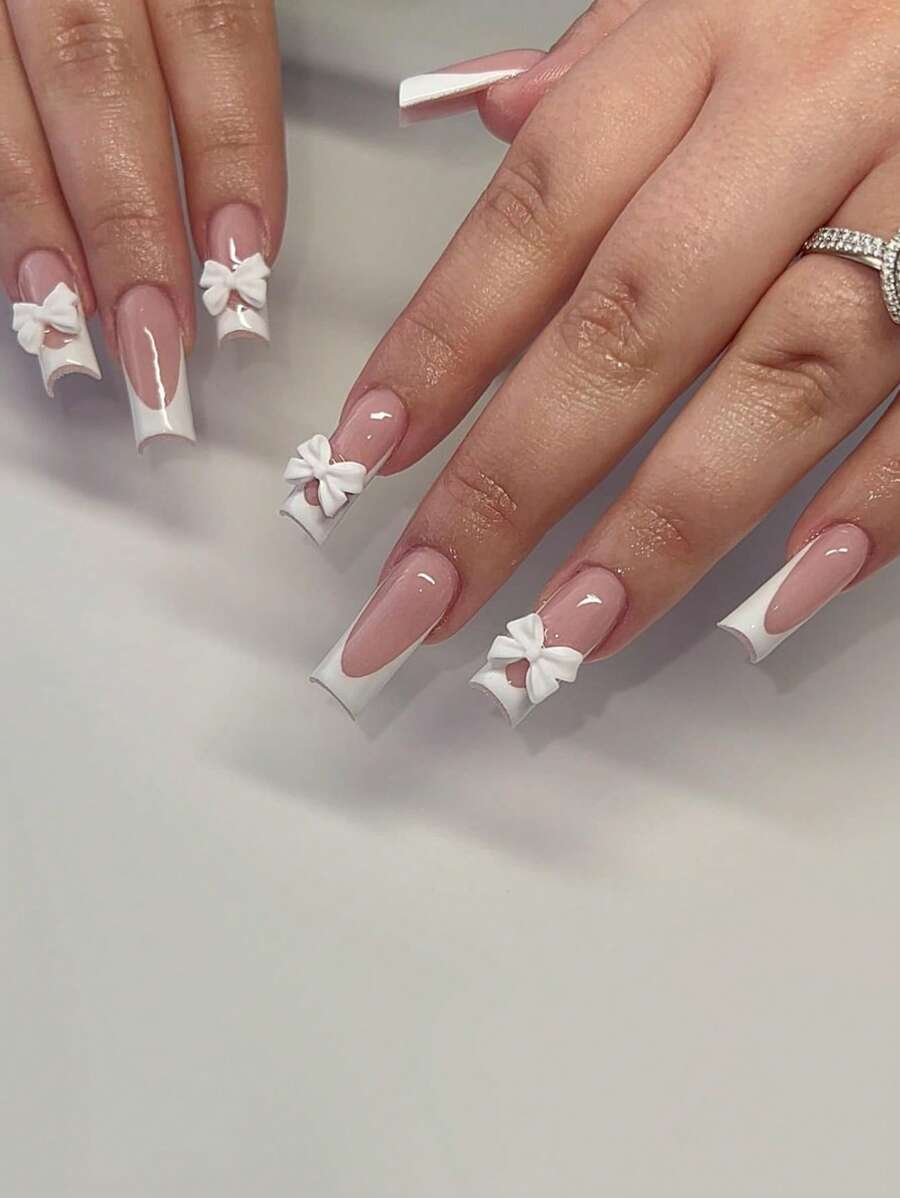 4 boîtes (96 pièces) Ongles pressés de différentes couleurs avec nœud ...