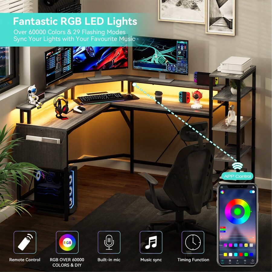 62" L Shaped Gaming Desk With Power Outlet And LED Lights,Computer Desk ...