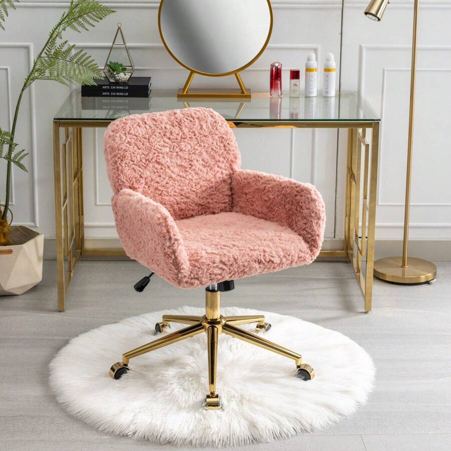 Home Office Chair Faux Fur Desk Chair With Golden Metal Base,Adjustable ...