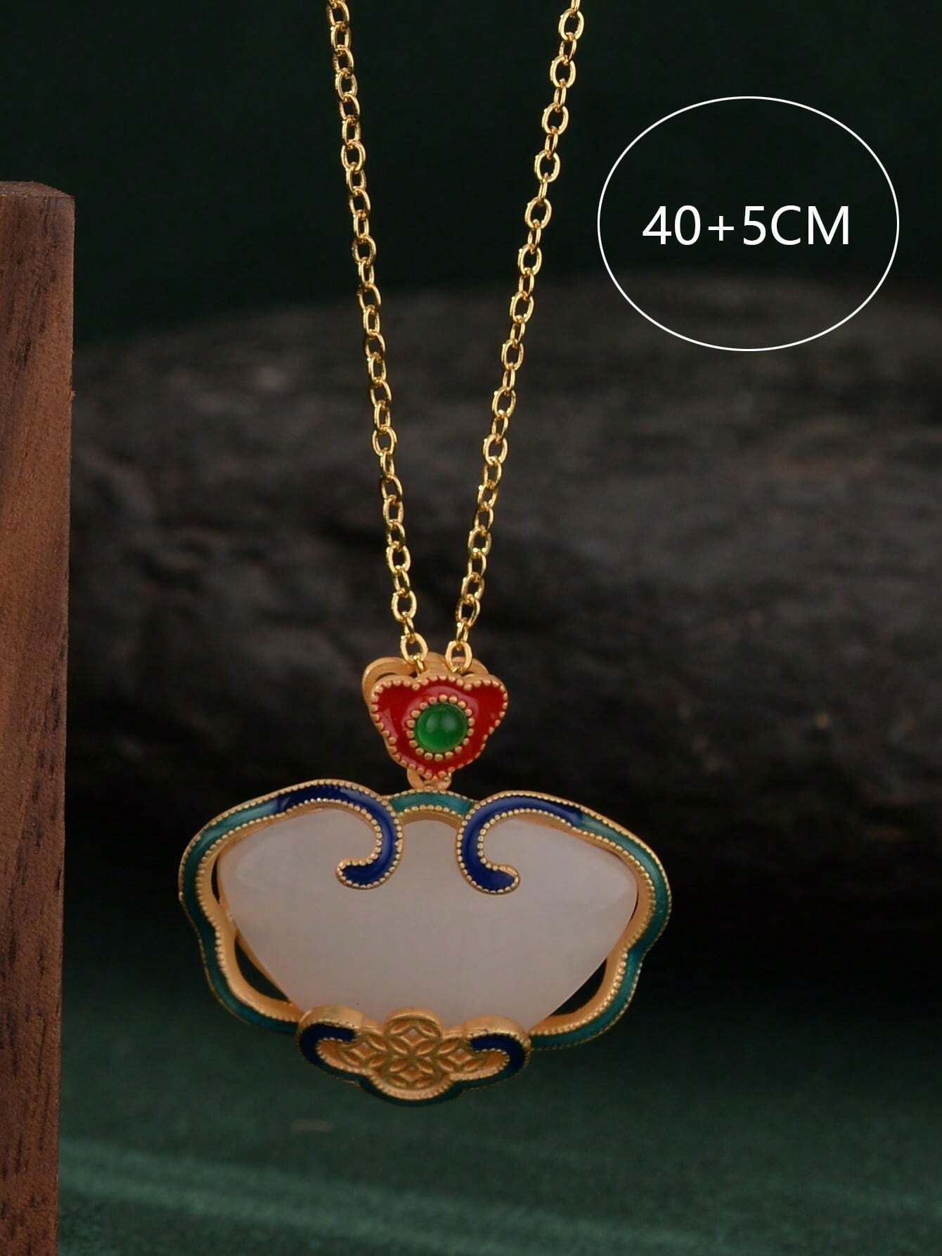 1pc Chinese-Style Ruyi & Peace Lock Shaped Jade Women's Pendant Necklace And Earrings Set ...