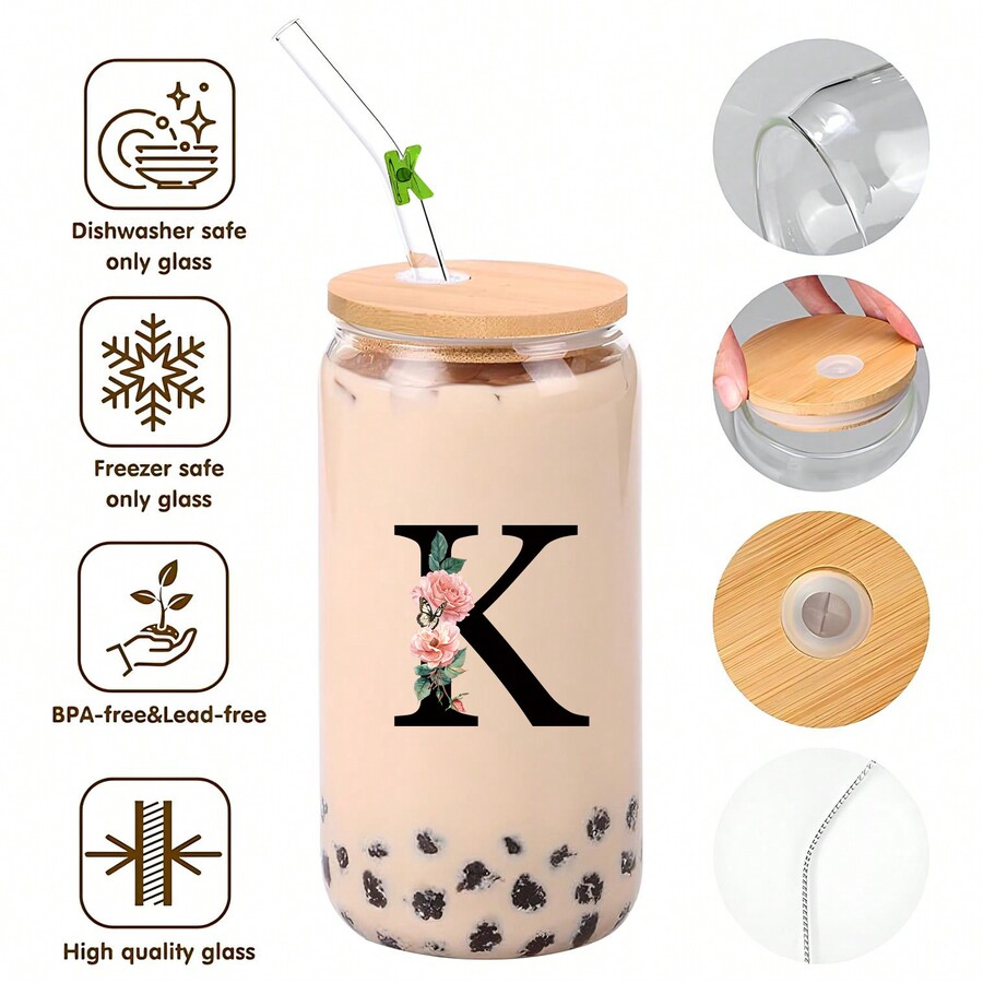 1pc Initial Glass Cup With A-Z Alphabet Letter Straw,17 Oz (500ml ...
