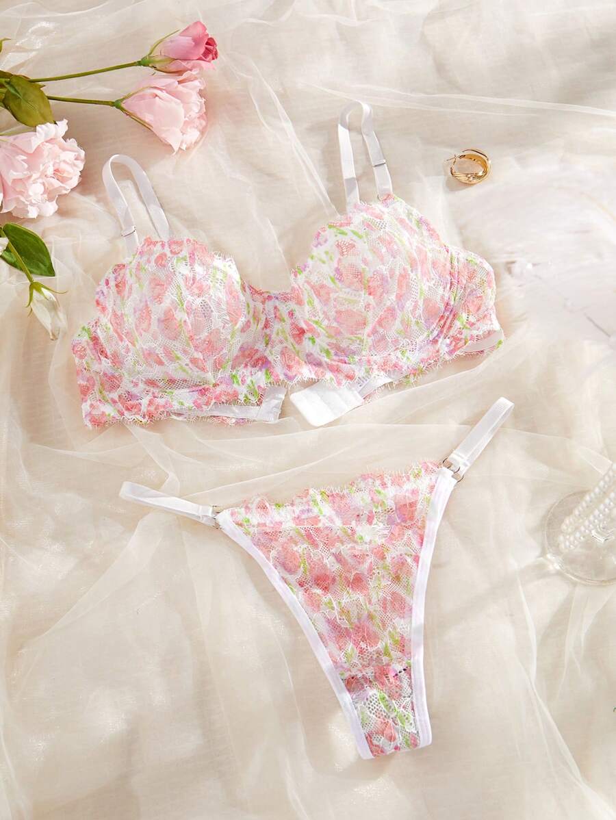 Women's Pink Flower Embroidery & Patchwork Bra And Panties Set With ...