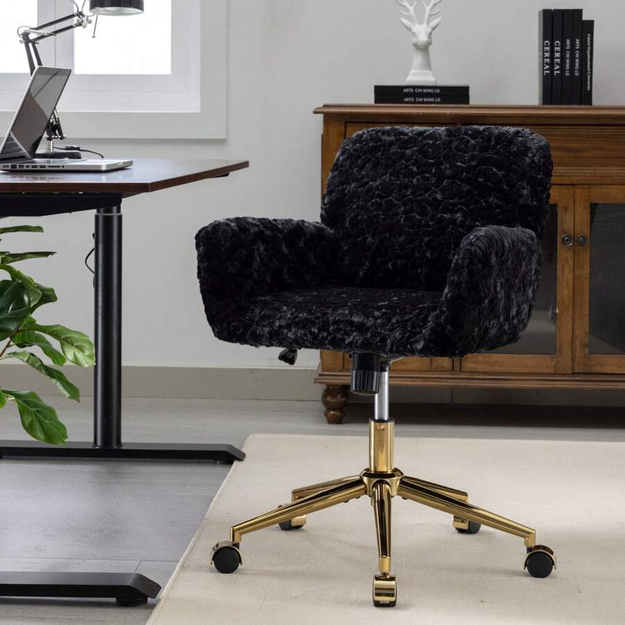 Home Office Chair Faux Fur Desk Chair With Golden Metal Base,Adjustable ...