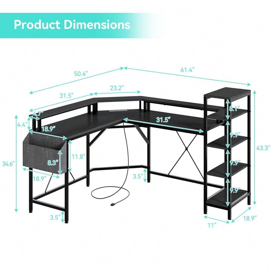 62" L Shaped Gaming Desk With Power Outlet And LED Lights,Computer Desk ...