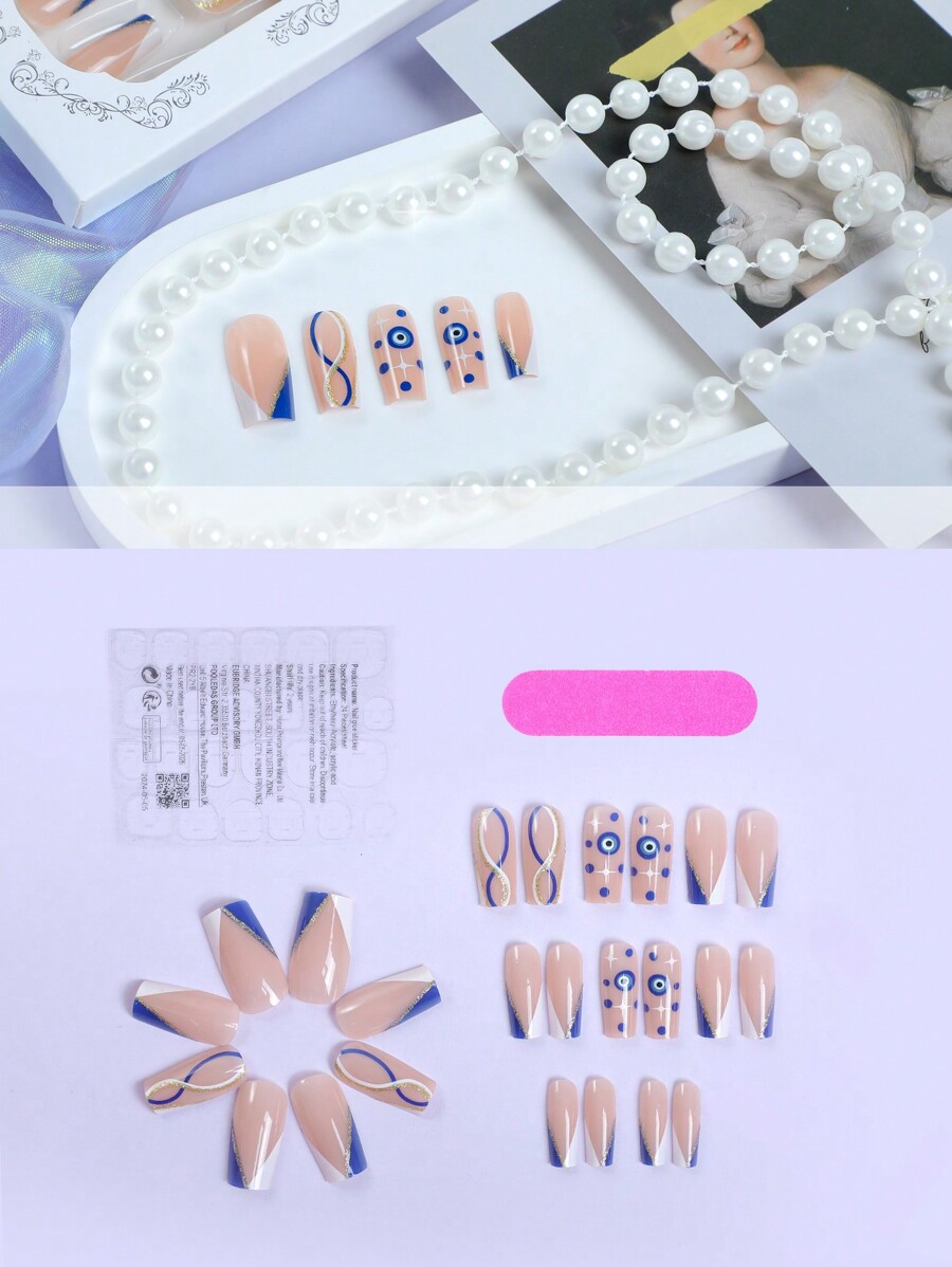 24Pcs Medium Square Blue And White French Press On Nails With Golden ...