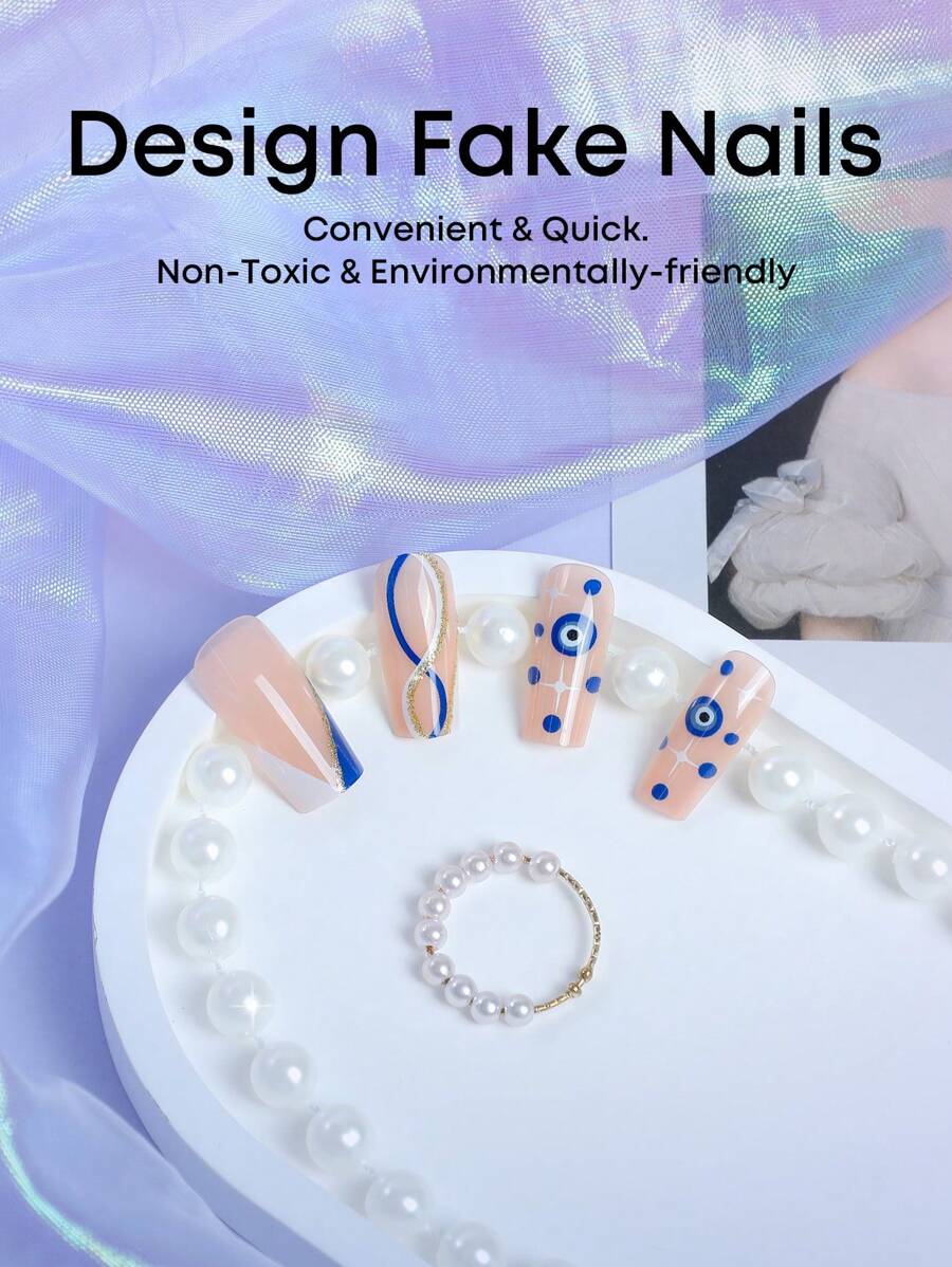 24Pcs Medium Square Blue And White French Press On Nails With Golden ...