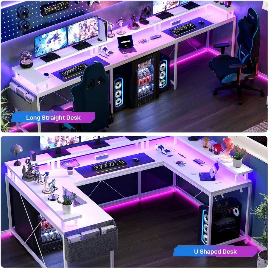 IDEALHOUSE U Shaped Desk, 126 Inch Gaming Desk With Monitor Stand And ...