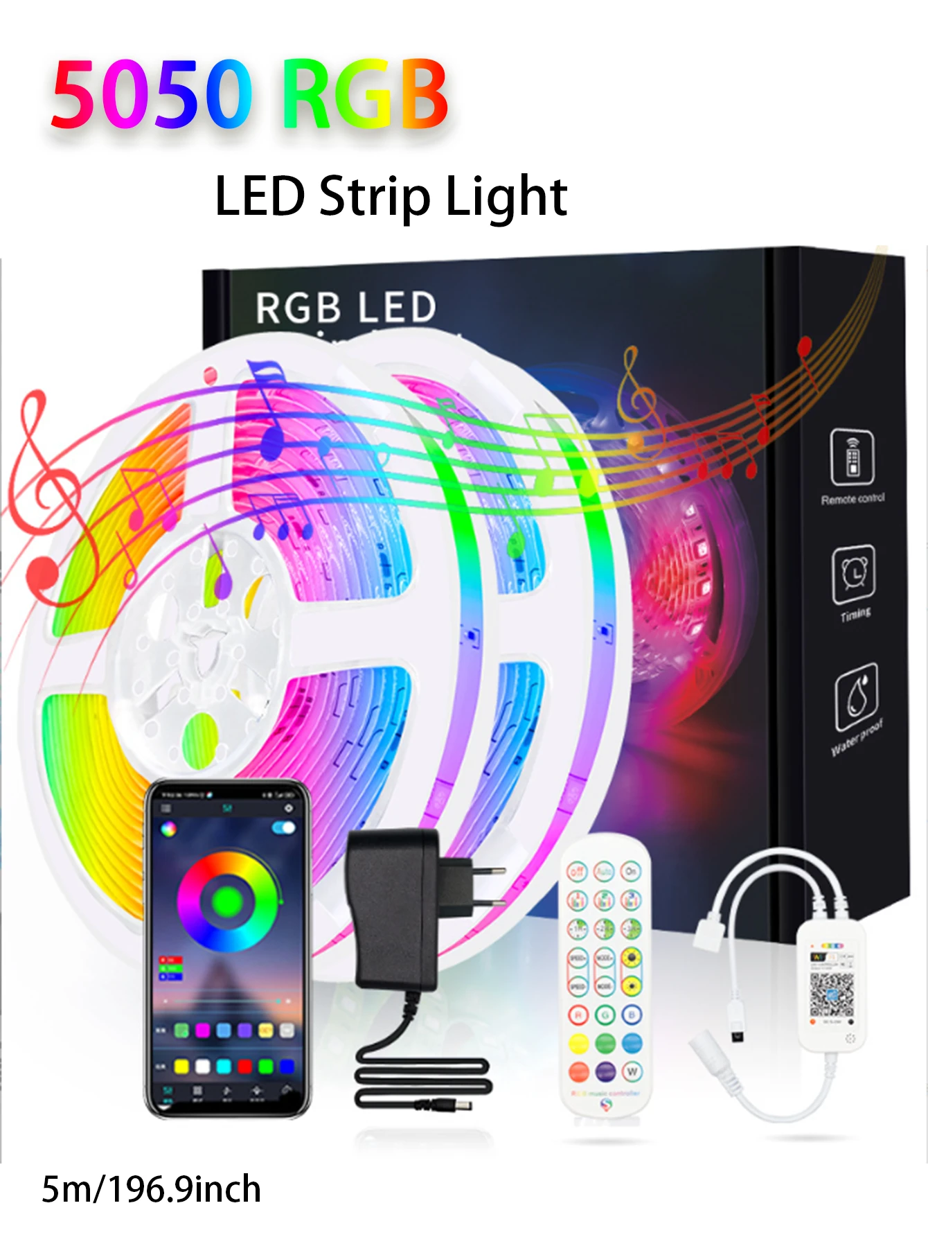 5V Colorful Smart 24-Key Bluetooth Music LED Light Strip, 196.9inch/5m ...
