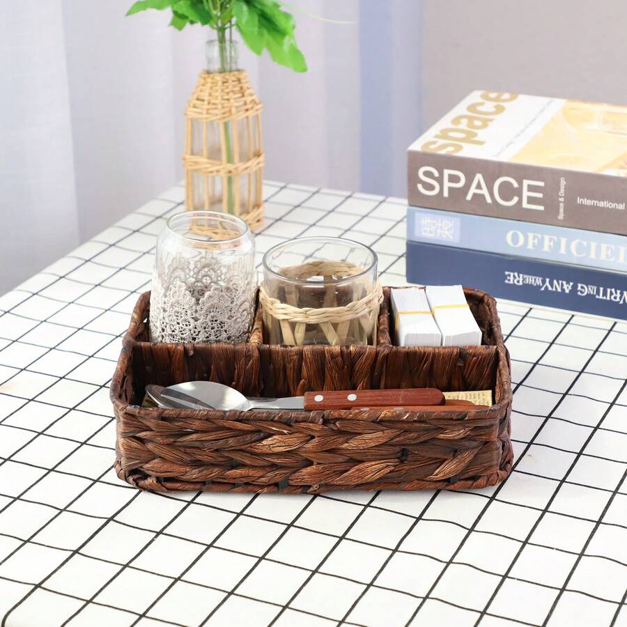 Water Hyacinth Divided Storage Basket Woven Natural Wicker Rectangular ...