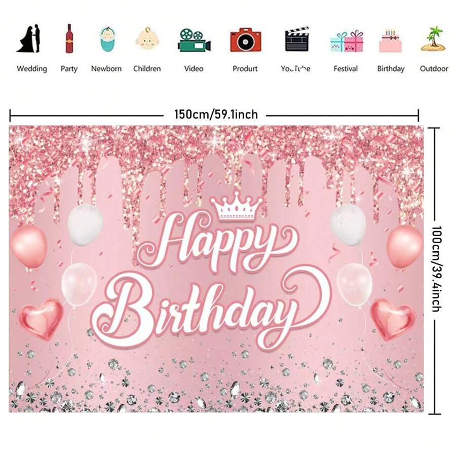 Happy Birthday Decorations Backdrop, Glitter Birthday Backdrop Sign, Happy Birthday Banner ...