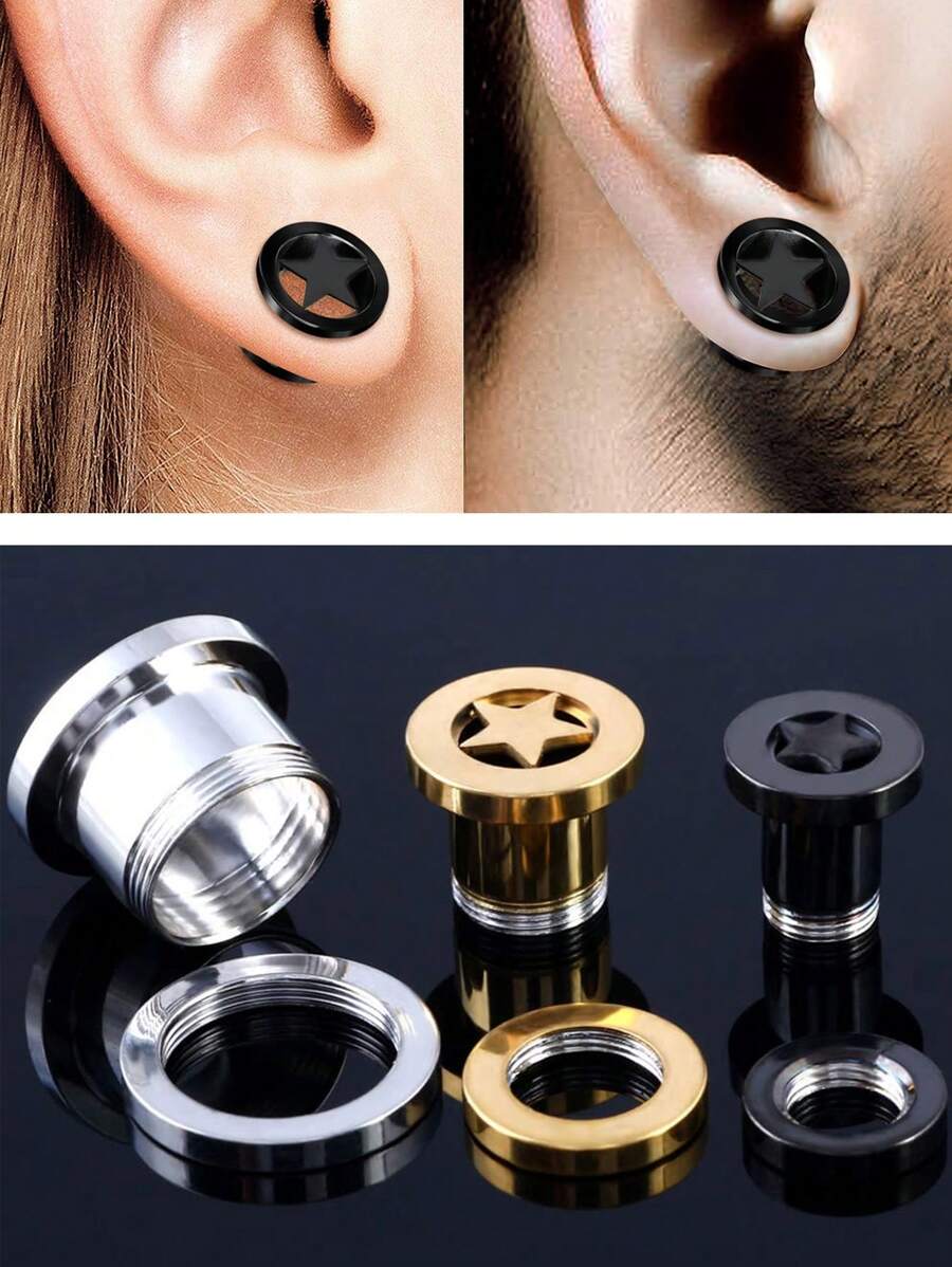 1pc Stainless Steel Earlobe Pentagram Tunnel Ear Plug, Body Piercing ...