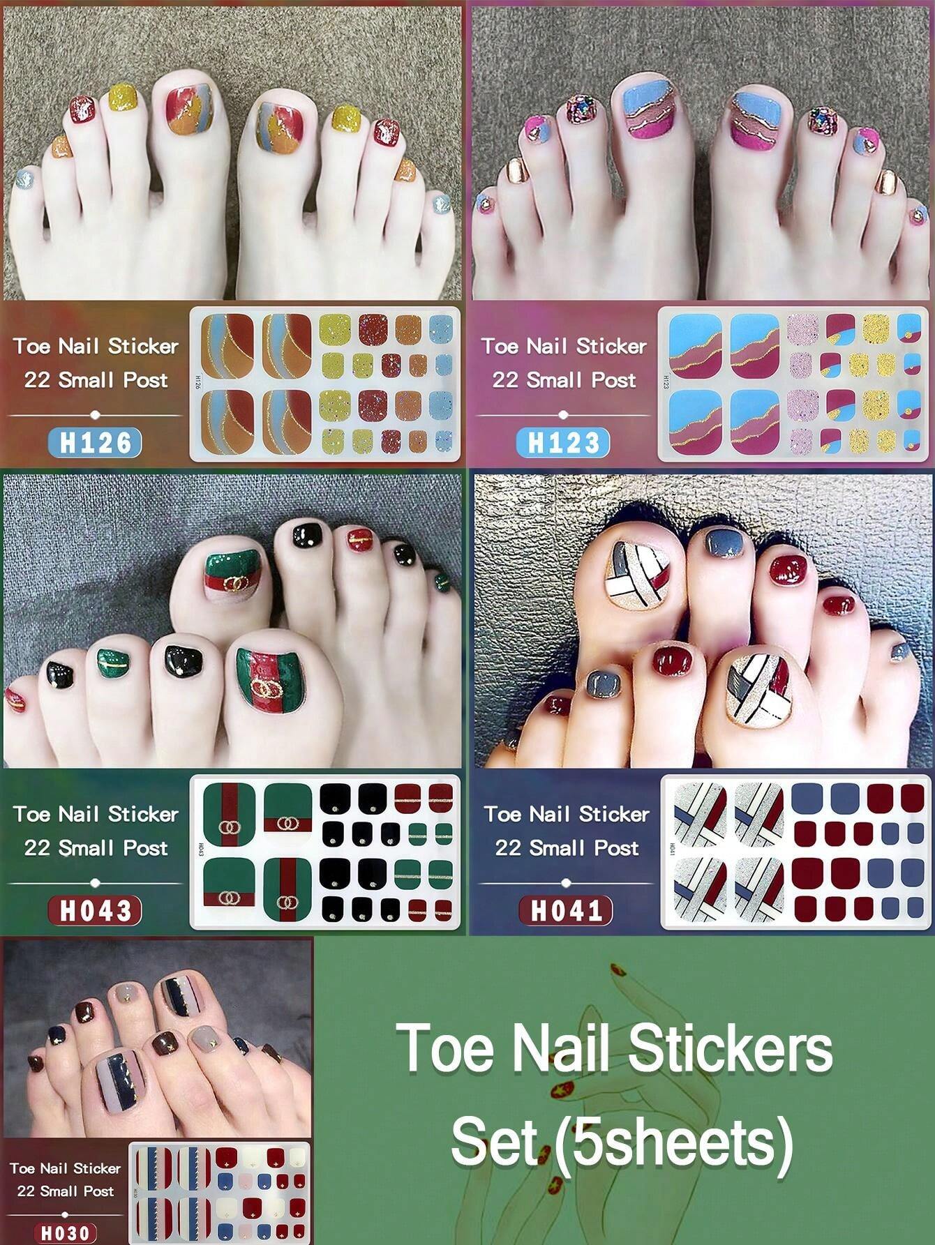 5 Sheets Bling Toenail Stickers Full Cover Nail Wraps Self Adhesive Toe ...