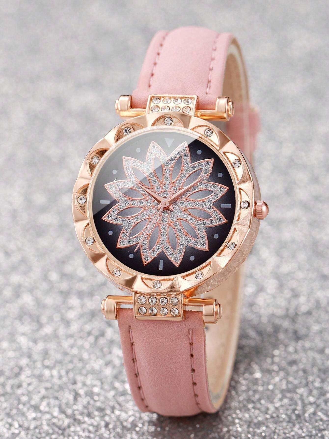 Women's Fashionable Diamond-Studded Petal Dial Quartz Watch Set With ...