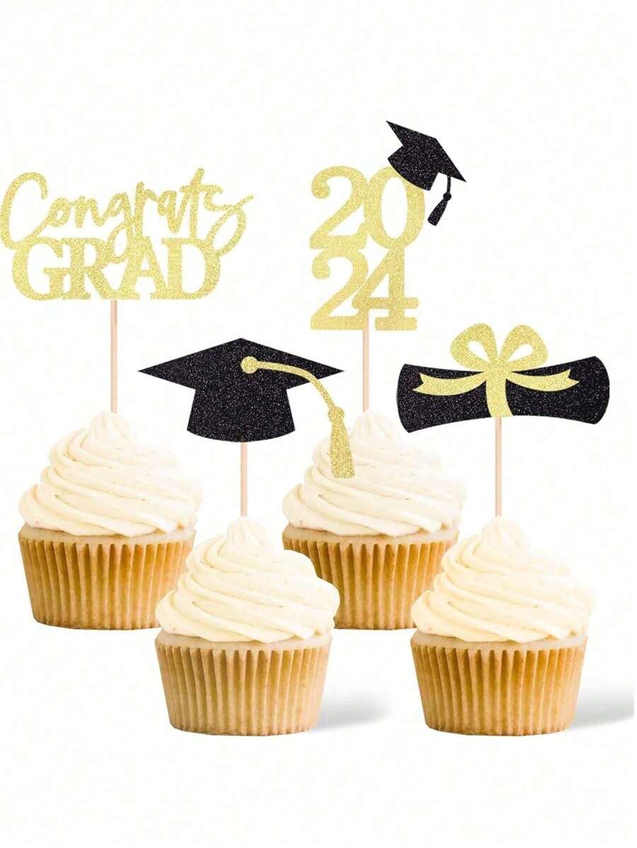 12Pcs Congrats Grad 2024 Cake Topper Black And Gold Glitter Graduation ...