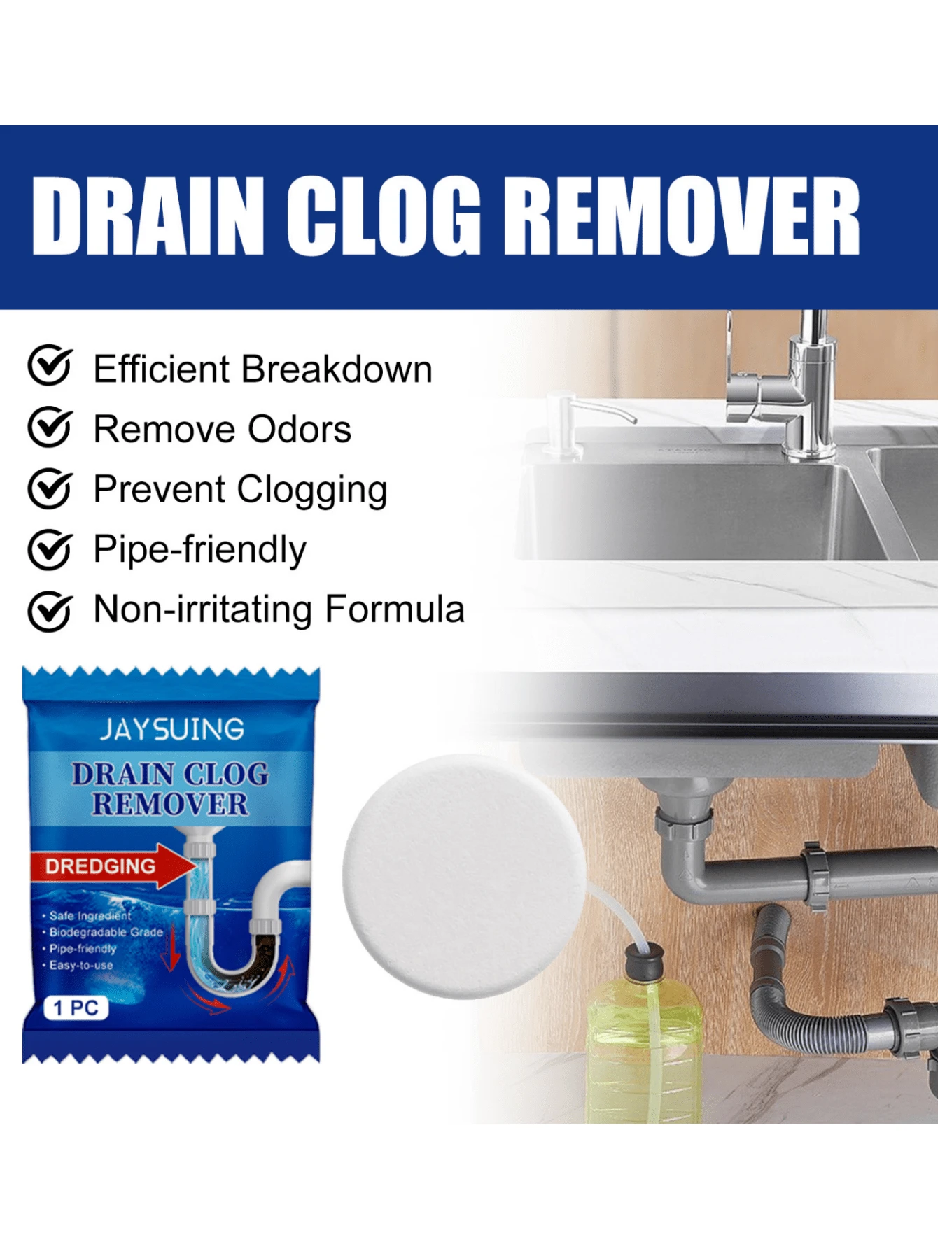 Jaysuing Drain Blockage Removal Tablets, 10 Packs Unblock Sewer Pipe ...