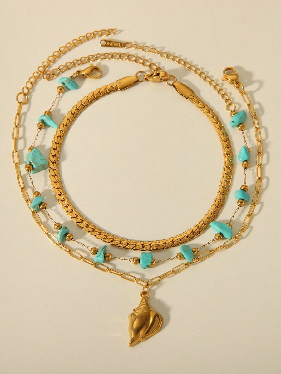 A Set Of 3 Beach Style 18K Gold-Plated Stainless Steel Turquoise Conch ...