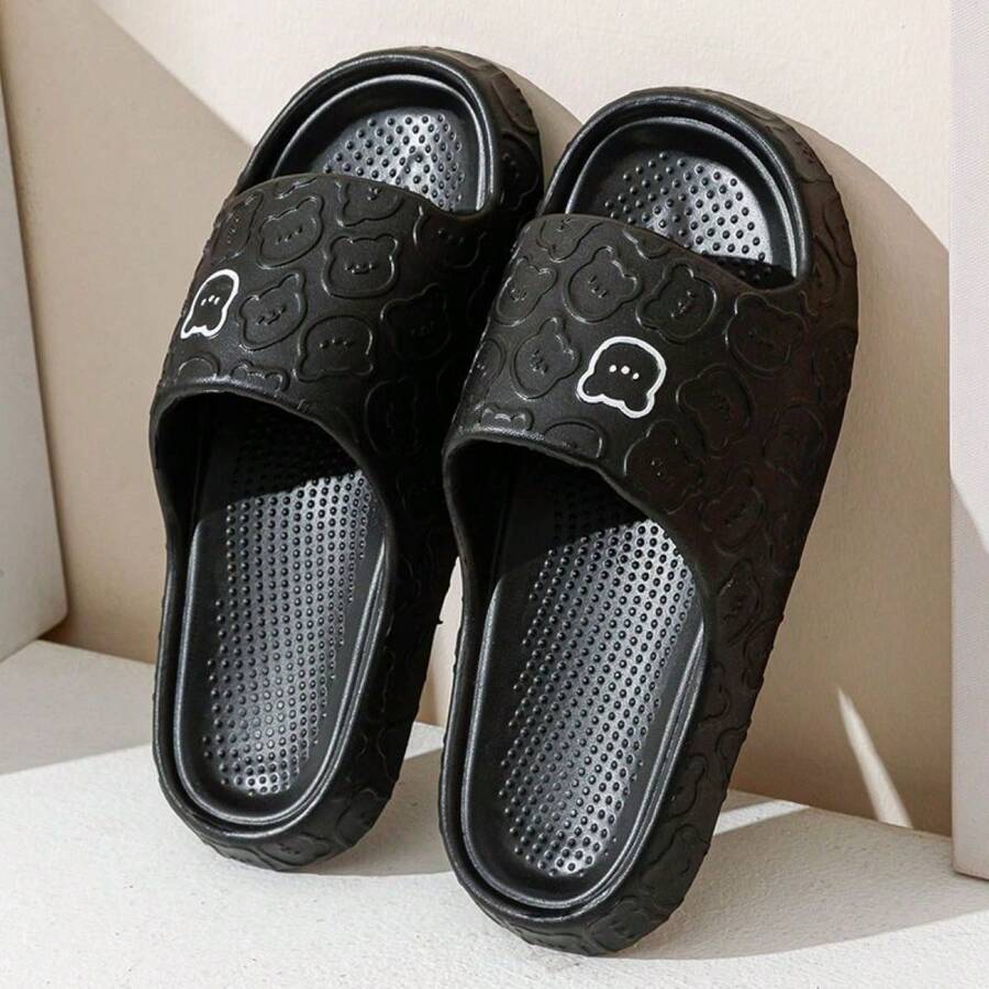ASHALI Unisex Cute Cartoon Bear Black Indoor Slippers, Breathable EVA ...