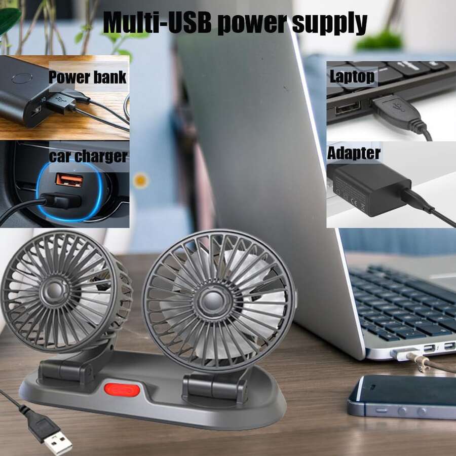 USB Car Fan Cooling 5V 2 Speed Dual Head 360°Rotatable Adjustable ...