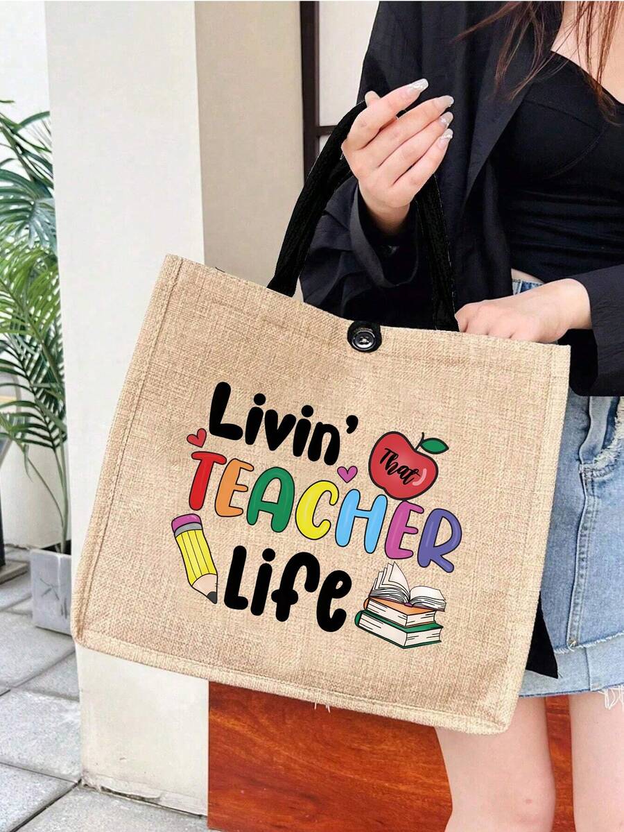 Simple Letter Print Linen Tote Bag, Versatile Portable Tote Bag For ...