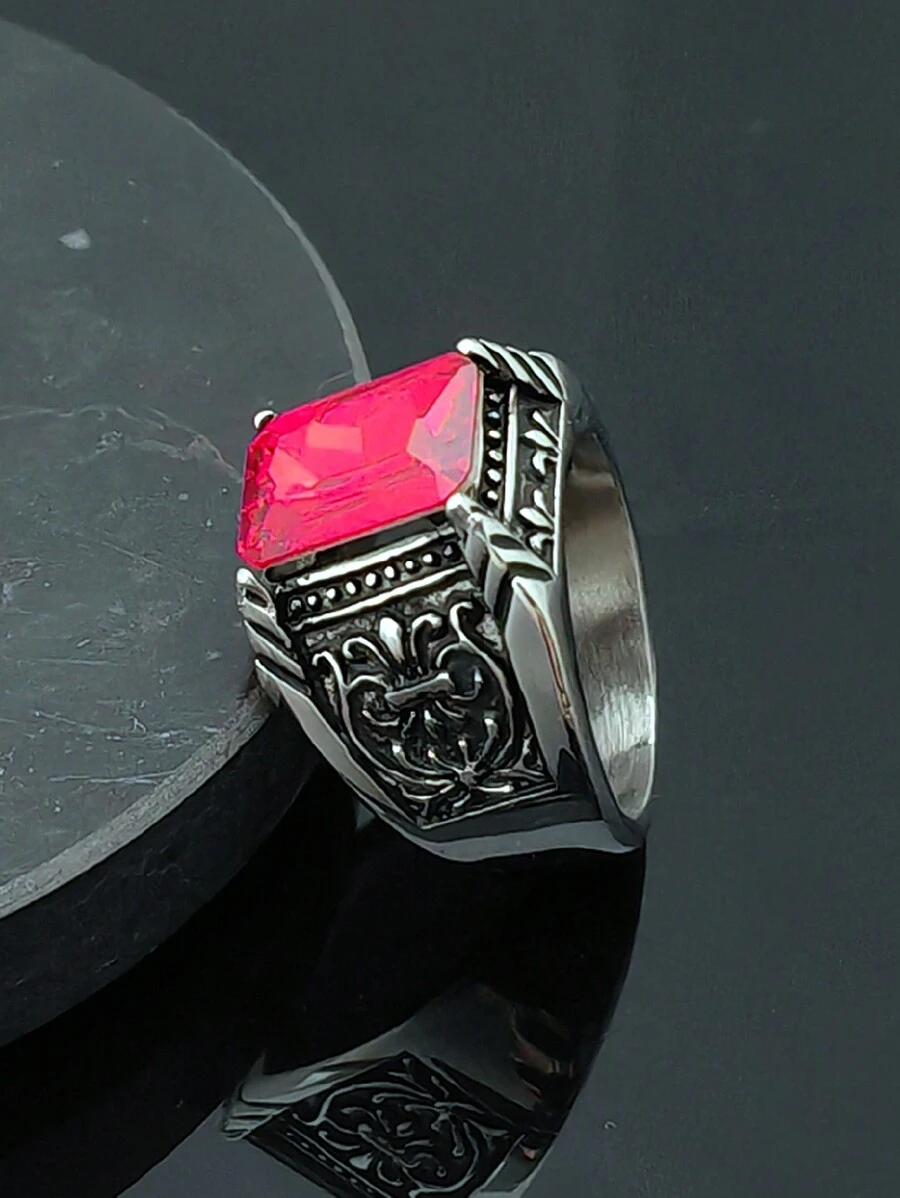 Minimalist Synthetic Ruby Ring Silver Colour Stainless Steel 316L ...