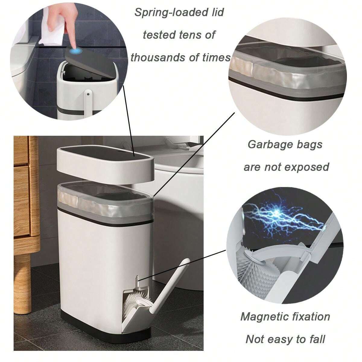 Bathroom Trash Can With Toilet Brush Holder 14 Liter White Plastic ...