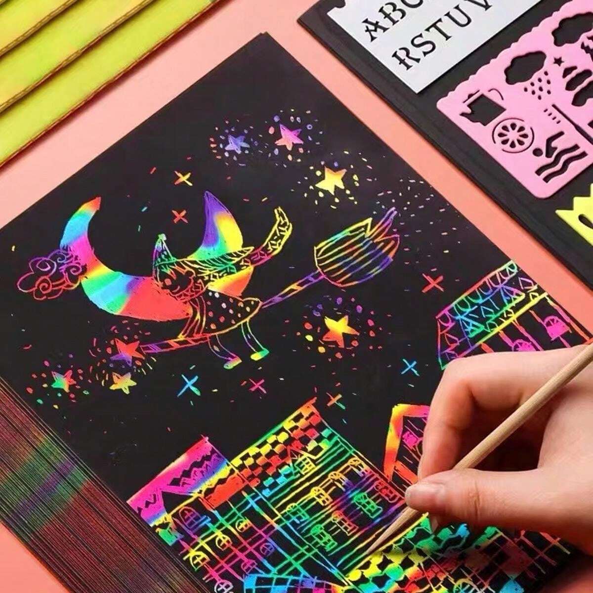 50pcs Scratcher Paper With 5 Bamboo Pens 4 Scratcher Templates Glitzy ...