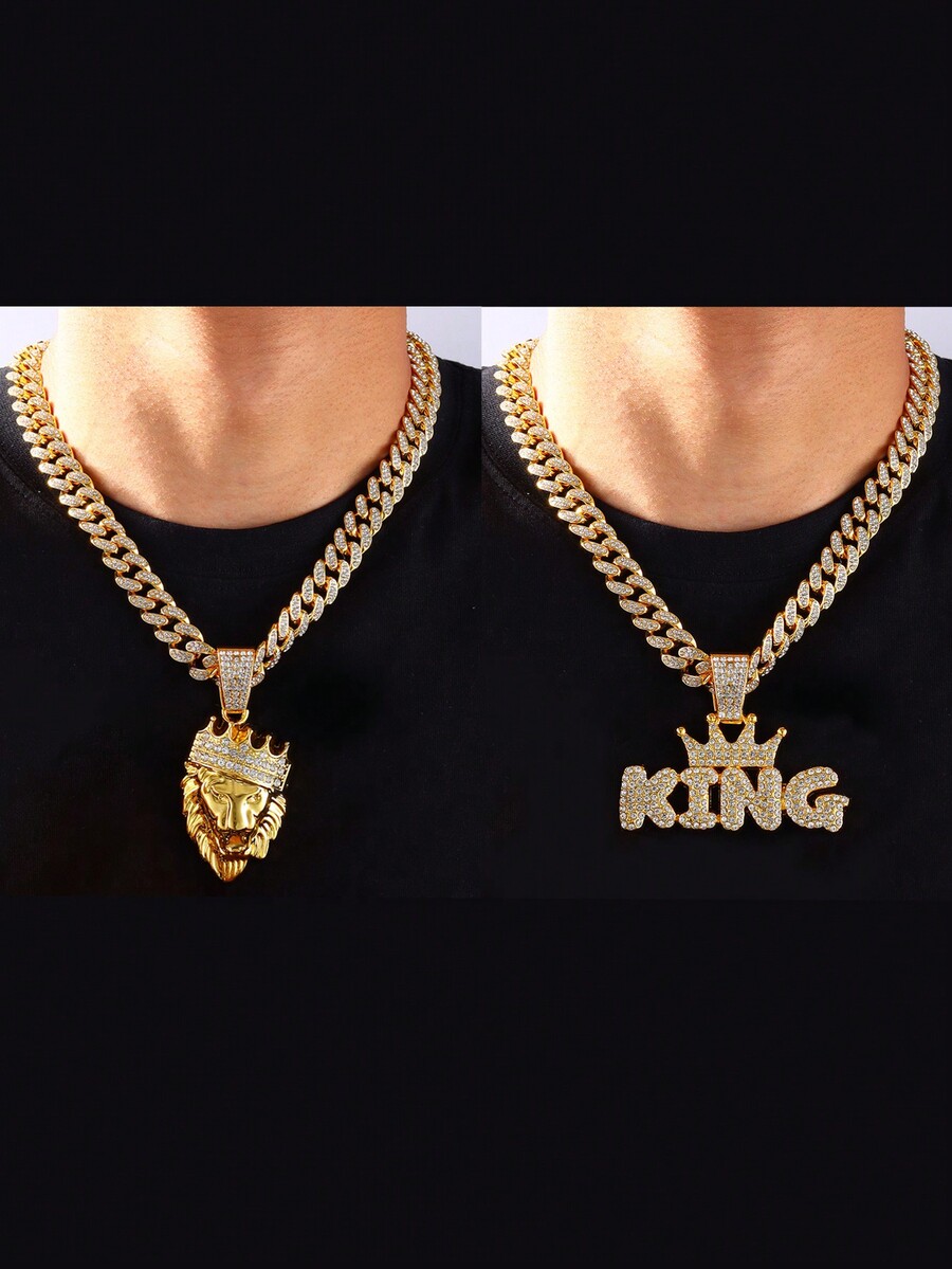 Link Crown & Lion Head Pendant Hip Hop Men's Accessory Necklace With ...
