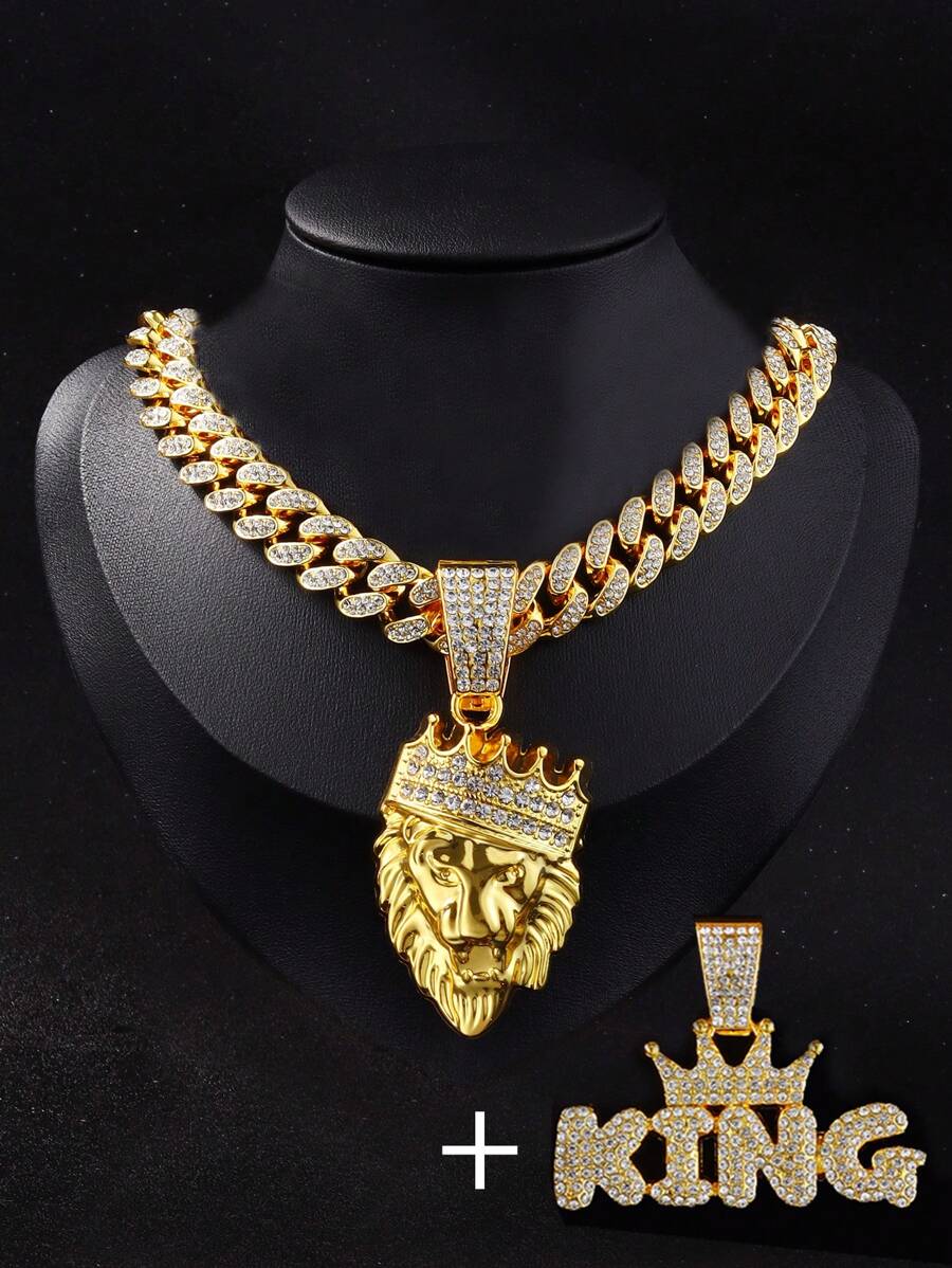 Link Crown & Lion Head Pendant Hip Hop Men's Accessory Necklace With ...