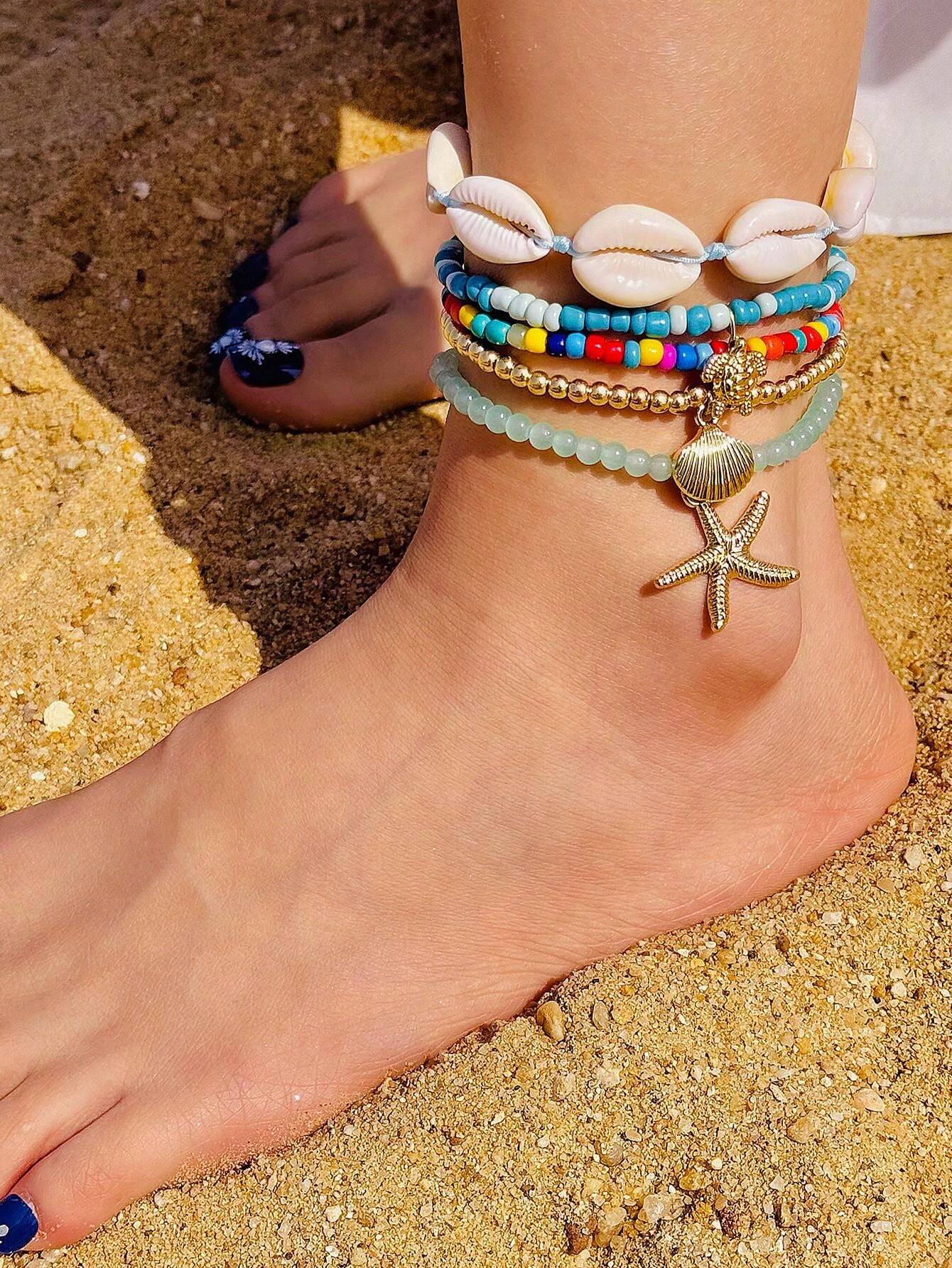 5pcs Bohemian Style Resin Beaded Braided Anklet Set With Shells, Starfish, Sea Turtles And ...
