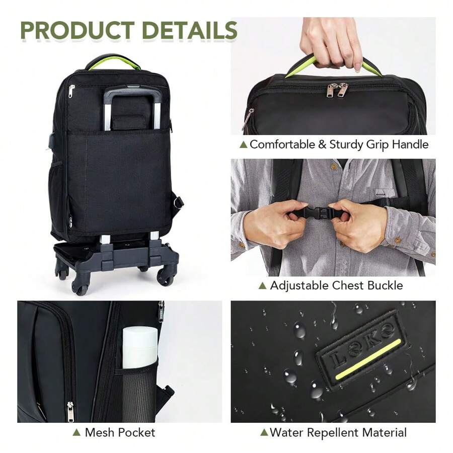 Lekesky Travel Laptop Backpack With Wheels Rolling Backpacks Laptop ...