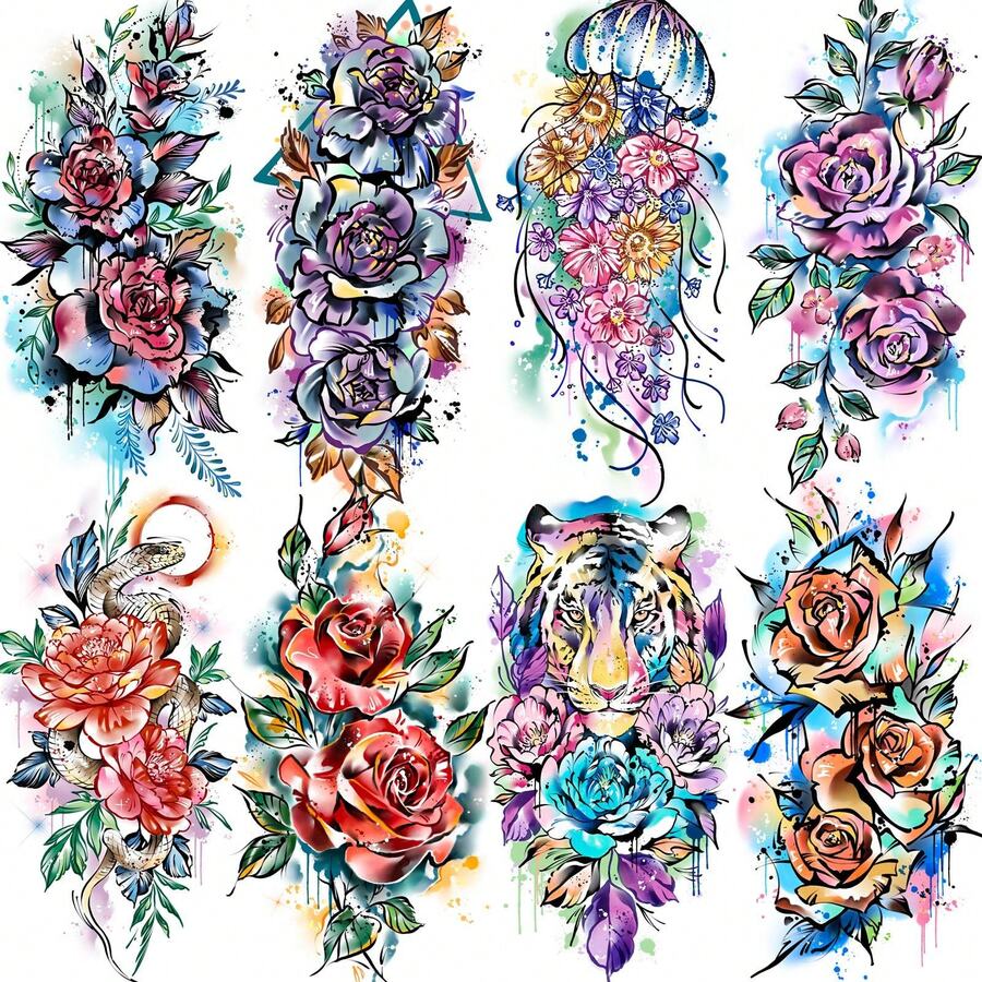 8 Sheets Watercolor Floral Temporary Tattoos For Women Adults Teen ...