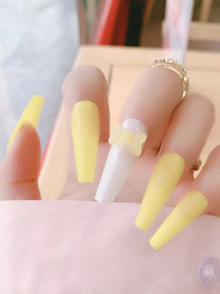 24-Piece Set Of Yellow And White Solid Color Fake Nails With Bow Glossy ...