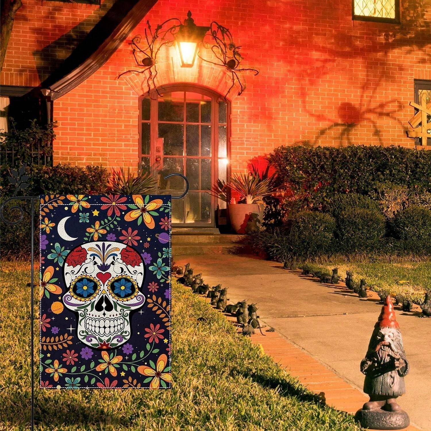 1PC Day Of The Dead Garden Flag Floral Skull Welcome Yard Flag Double ...