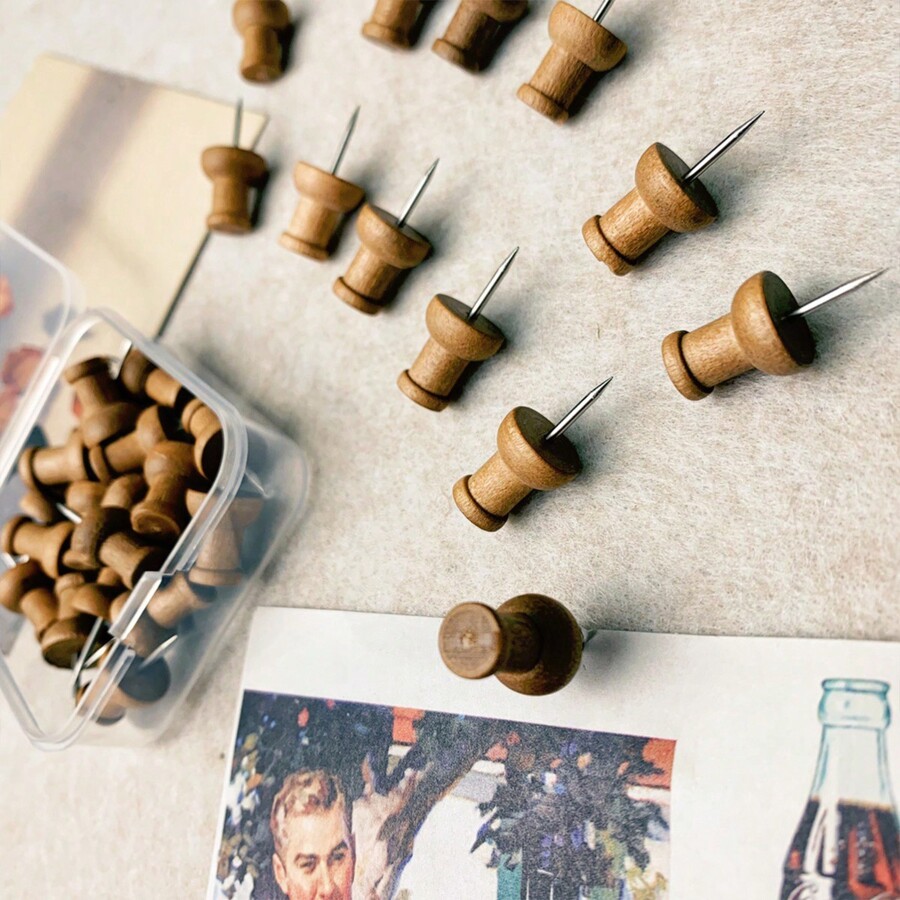 50 Pieces Of Wood Decorative Thumb Pins, Wood Pins And Nails, Cork ...
