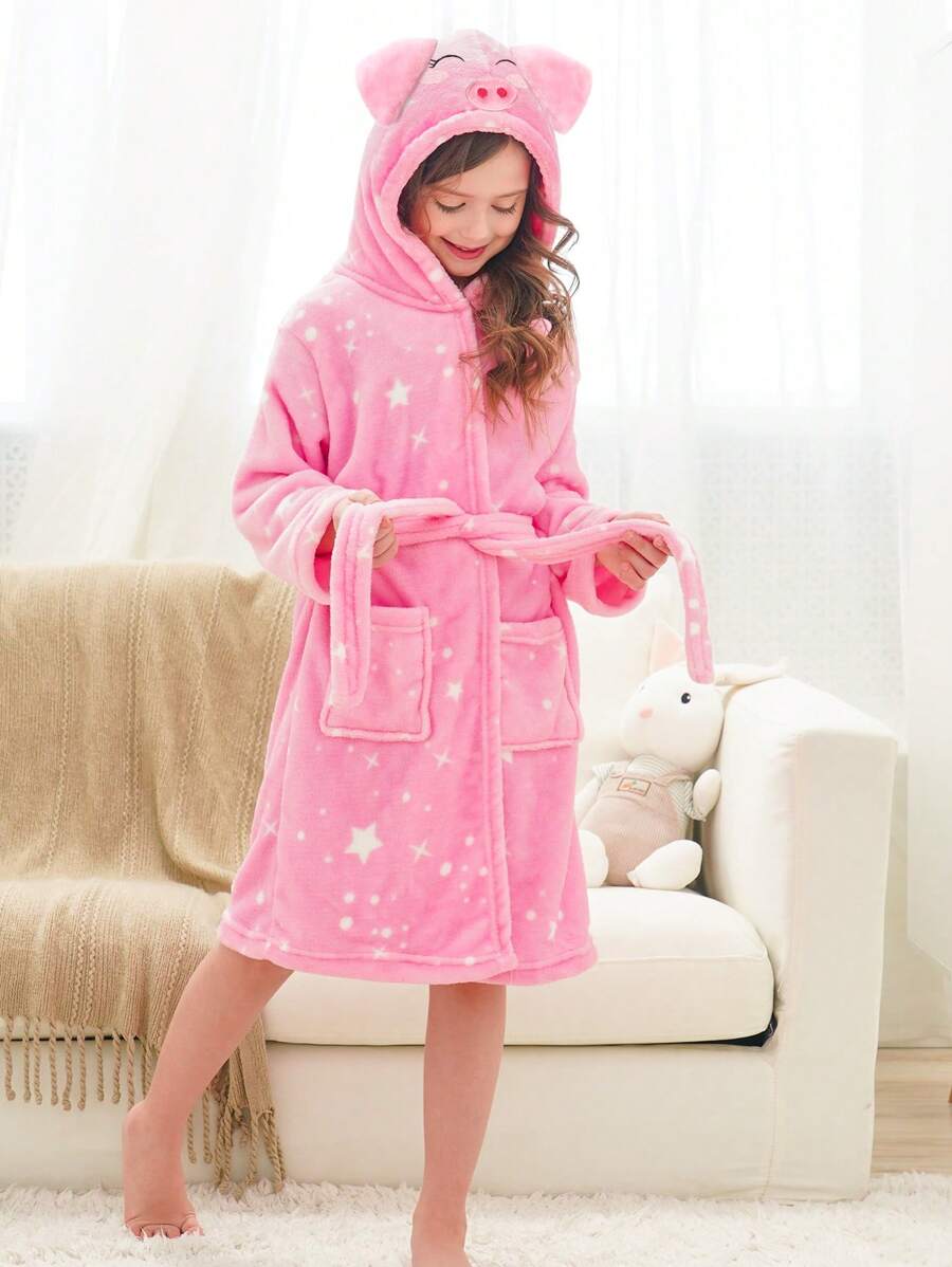 Tween Girl Pink Starry Pig Hat Sleepwear Housewear Robe | SHEIN UK