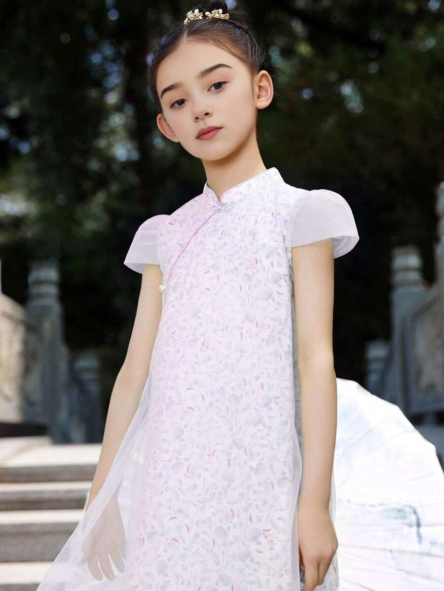 Annil Tween Girl Dresses Summer Mesh Retro Floral Chinese Style ...