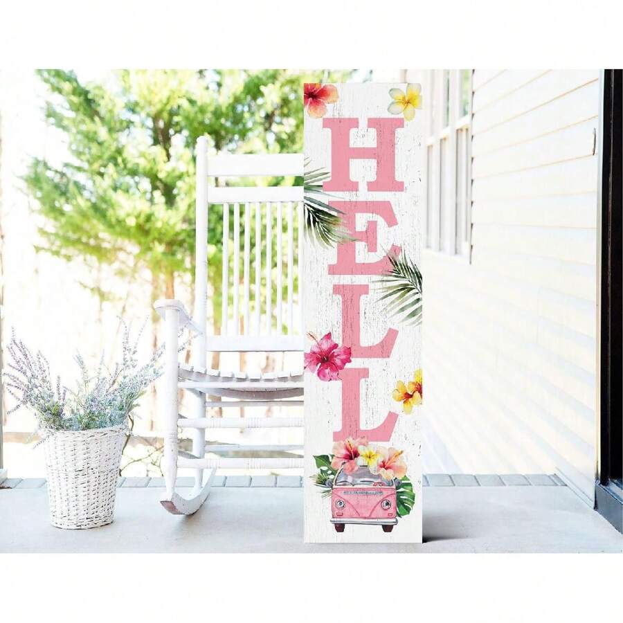 36in Tropical Hello Porch Sign With Floral Bus Pattern For Front Door ...