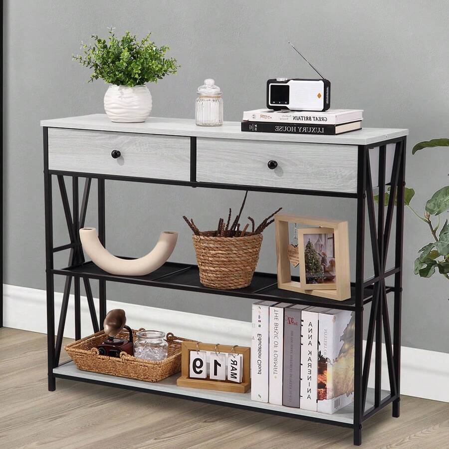 Sleek And Functional 2-Drawer Console Table With 3-Tier Storage Shelves ...