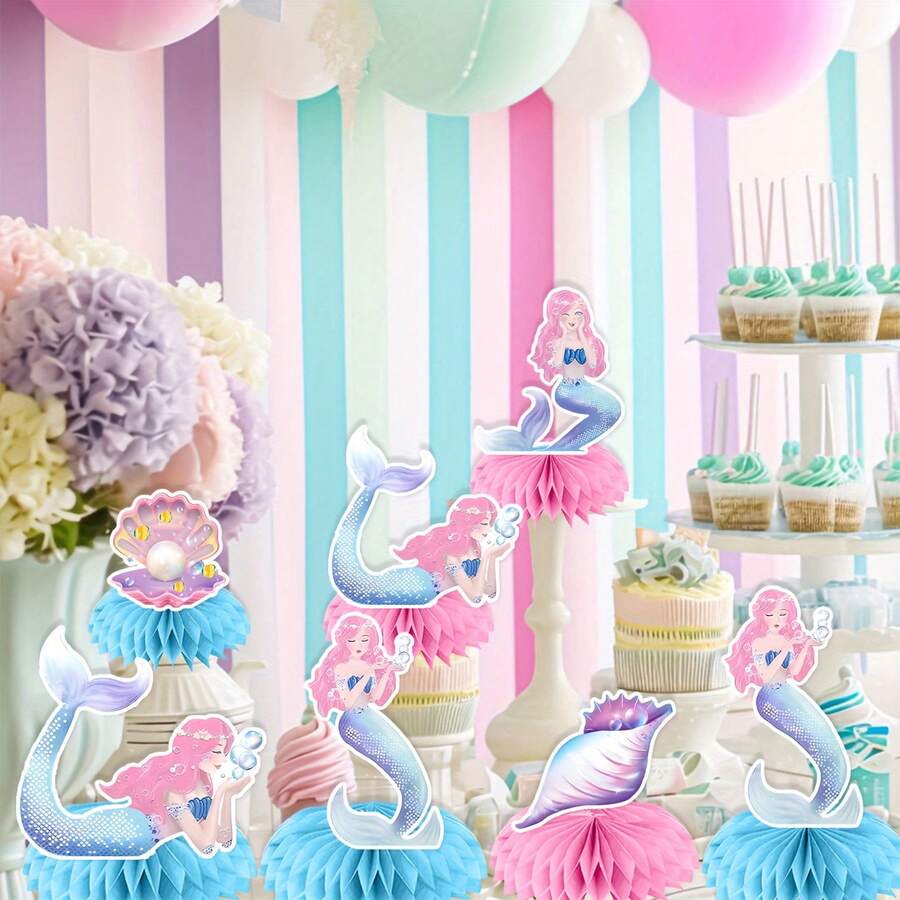 9-Piece Mermaid Party Centerpieces Set - Pink & Blue Ocean Coral Themed ...