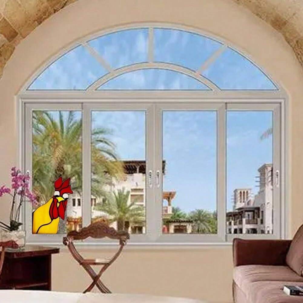 Funny Window Corner Decor - Peeping Rooster, Funny Rooster Stained ...