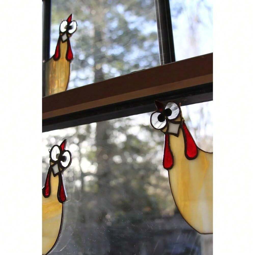 Funny Window Corner Decor - Peeping Rooster, Funny Rooster Stained ...