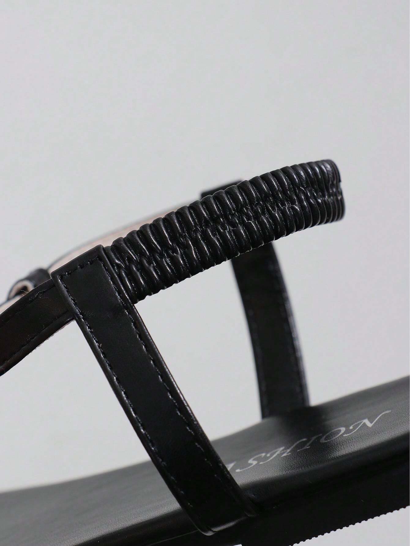 1pair Girls' Black Roman-Style Sandals With PU Toe Strap, Pearl Decoration, Round Toe, Flat Sole ...