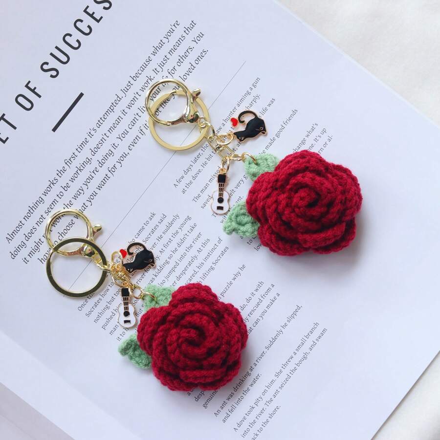 One Handmade Crocheted Rose Keychain, DIY Crochet Flower. Suitable For ...