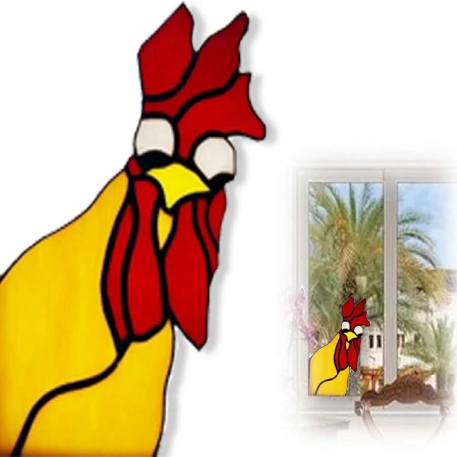 Funny Window Corner Decor - Peeping Rooster, Funny Rooster Stained ...