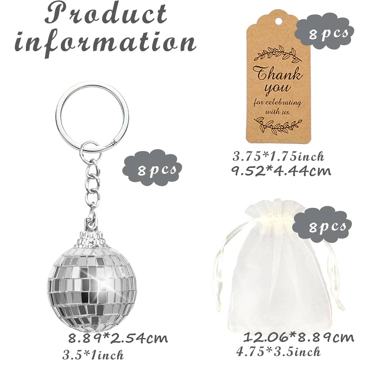 24pcs/Set Mirror Disco Ball Keychain With Clear Organza Bag, Thank You ...