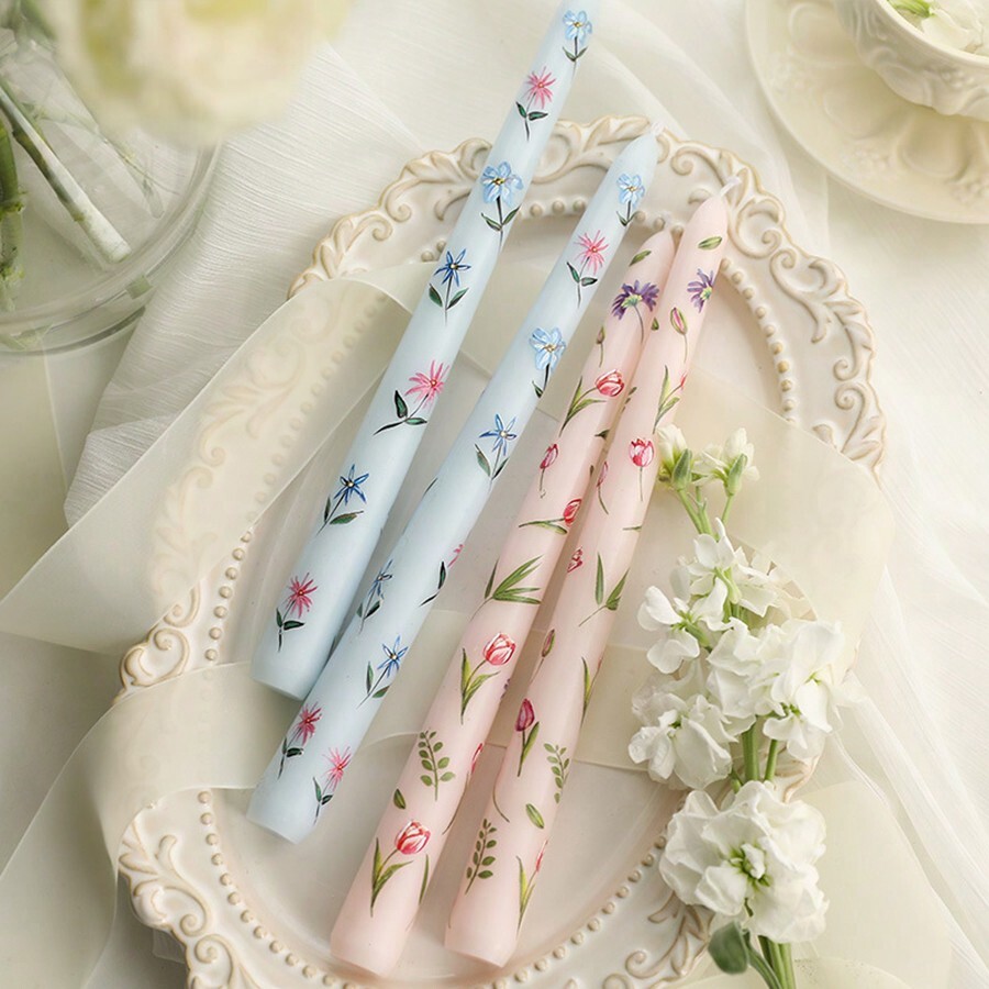 2-Pack (One 25cm Long) Printed Long-Stem Candles, European-Style ...
