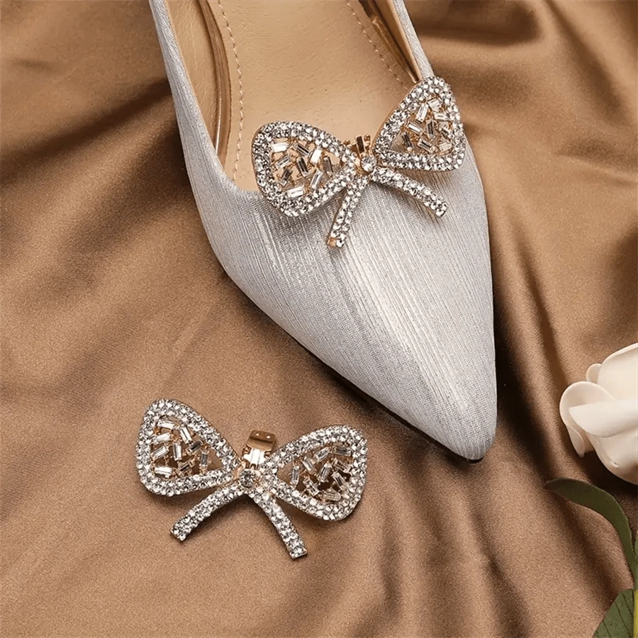 1 Pair (2pcs) White Rhinestone Gold-Tone Metal Bow Tie Shaped ...